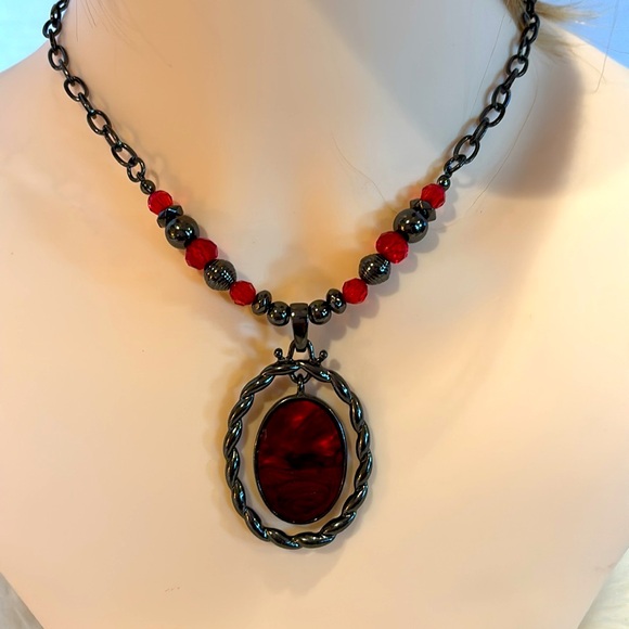 Jewelry | Elegant Red Glass Medallion And Gunmetal Silver Necklace And ...